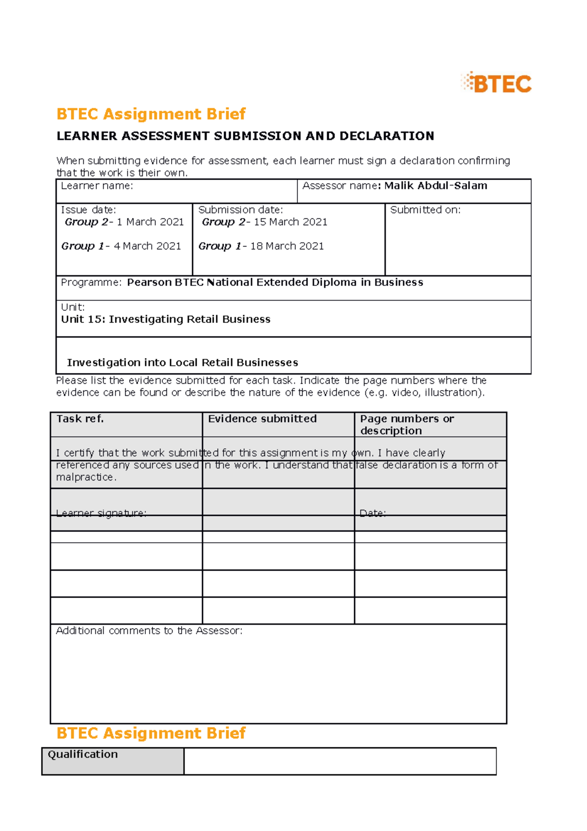 Authorised Assignment New Brief - BTEC Assignment Brief LEARNER ASSESSMENT SUBMISSION AND - Studocu