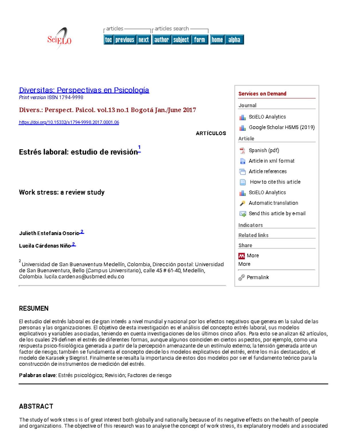 Estrés laboral estudio de revisión - Services on Demand Journal SciELO Analytics Google Scholar ...