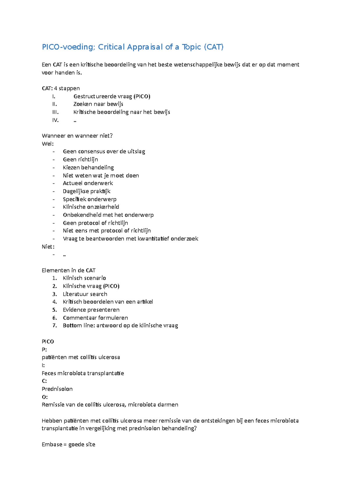 PICO - Practicum PICO - PICO-voeding; Critical Appraisal of a Topic ...