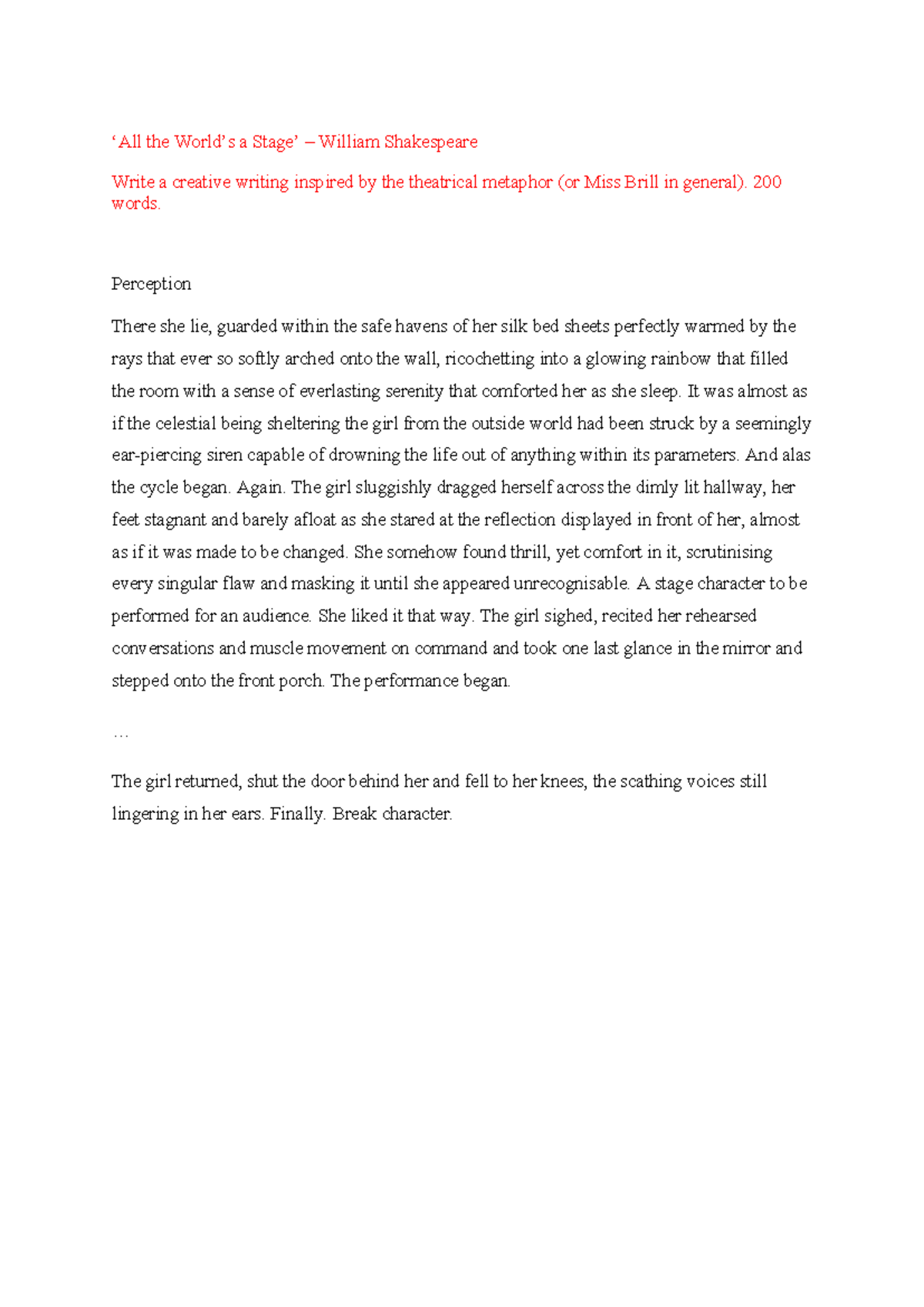 Miss Brill - Creative Writing - ‘All the World’s a Stage’ – William ...