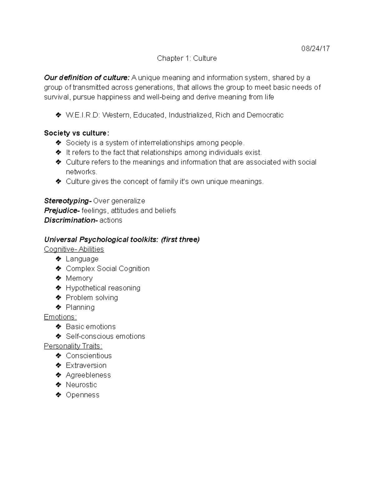Pyschology & culture notes part 1 - 08/24/ Chapter 1: Culture Our ...