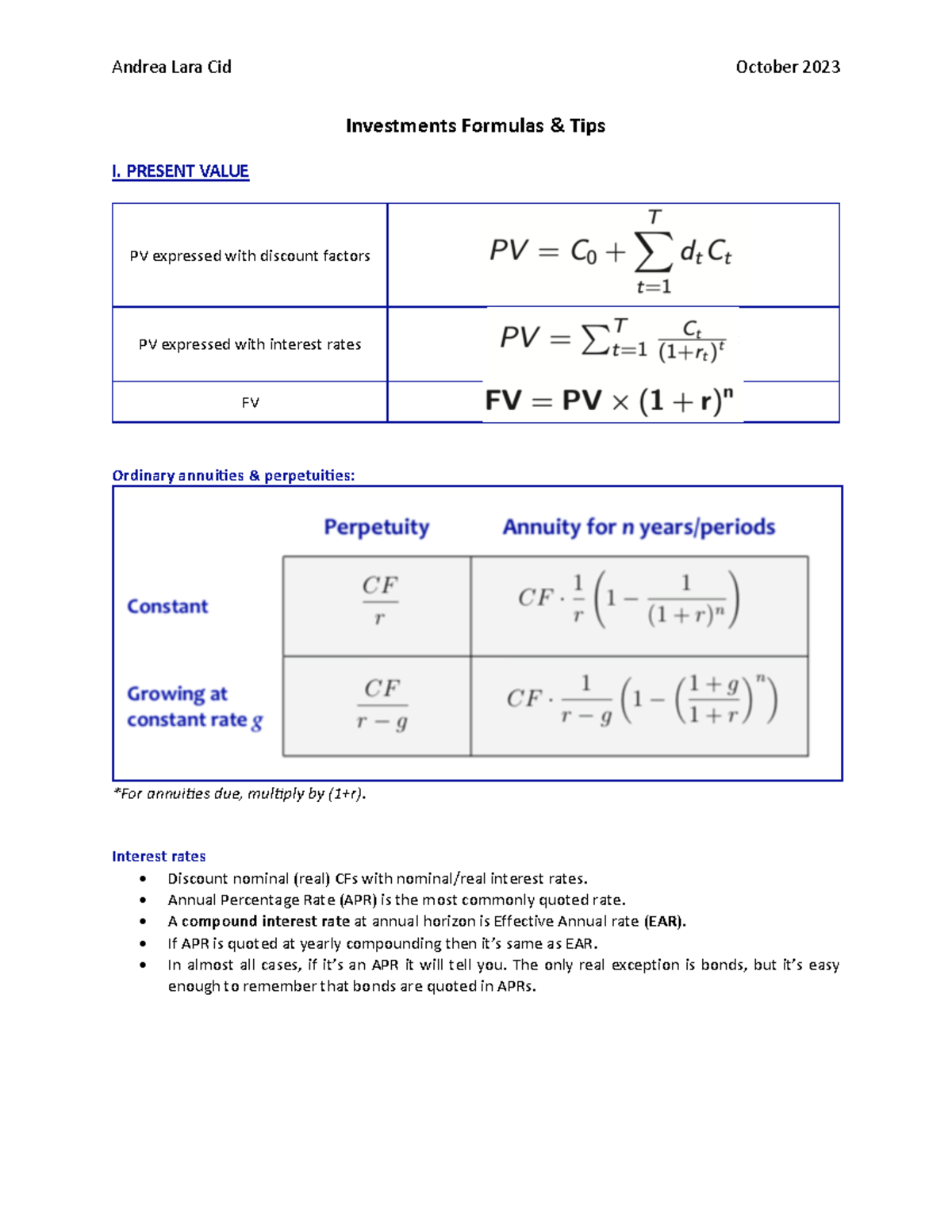 Investments Formulas & Tips v1 - Investments Formulas & Tips I. PRESENT ...