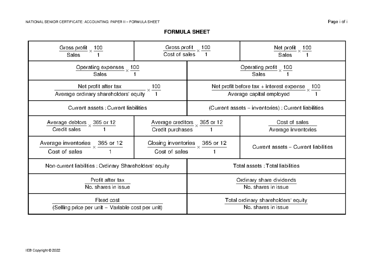Accounting P2 Formula Sheet 2022 - NATIONAL SENIOR CERTIFICATE ...