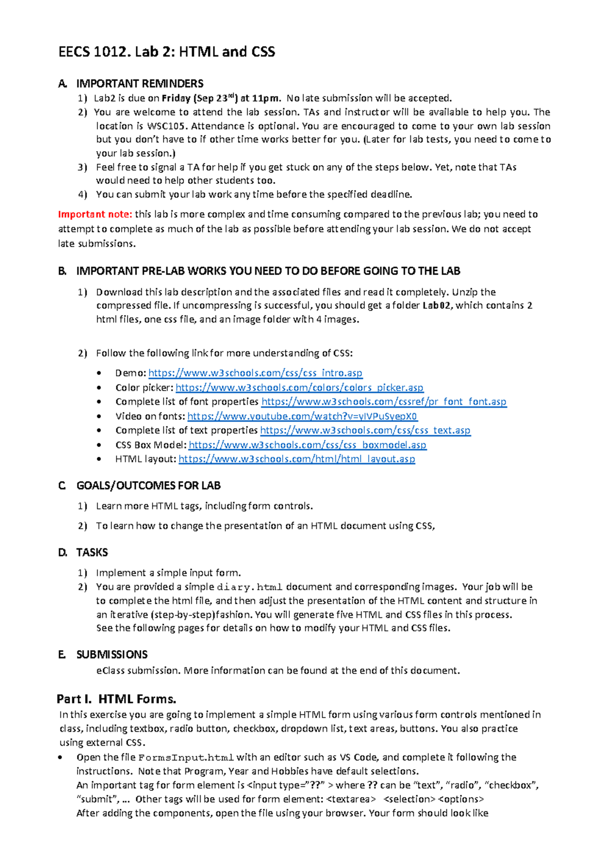 22f Lab02-converted-New - EECS 1012. Lab 2: HTML and CSS A. IMPORTANT REMINDERS 1) Lab2 is due ...