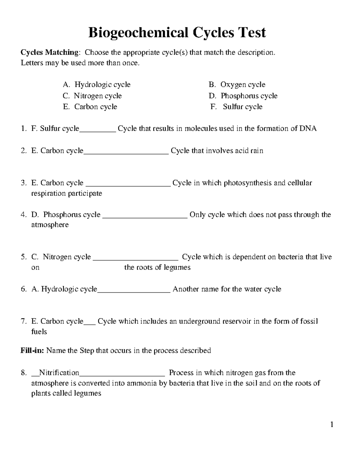 Bio - Biology - Biogeochemical Cycles Test Cycles Matching : Choose the ...