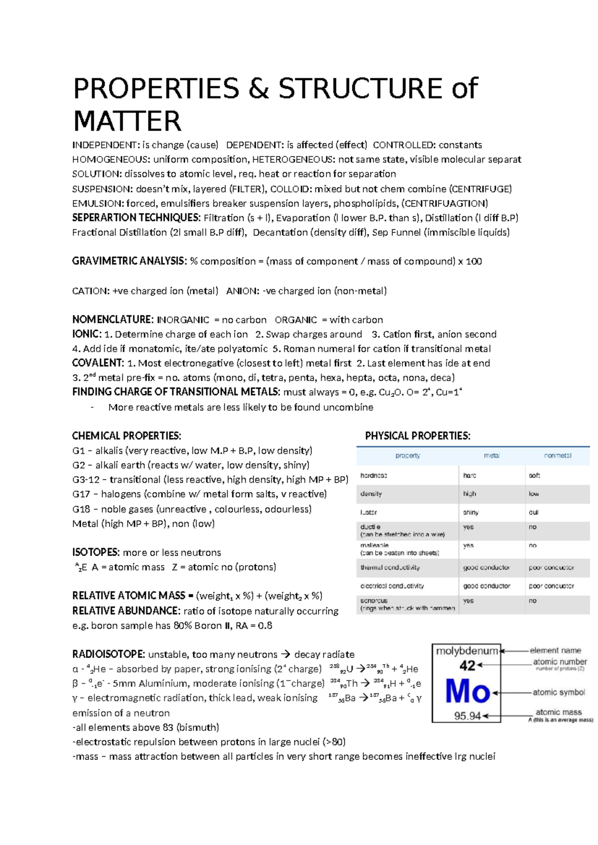 Chemistry Notes w: Syllabus - PROPERTIES & STRUCTURE of MATTER ...
