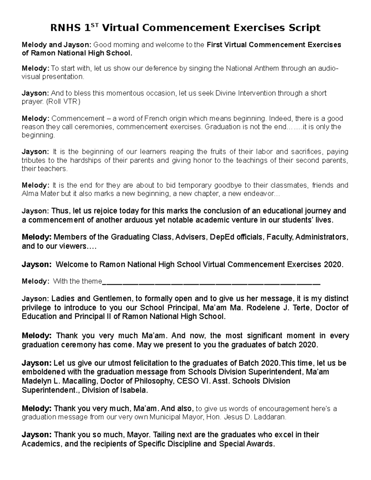 RNHS 1ST Virtual Commencement Exercises Script - Melody: To start with ...