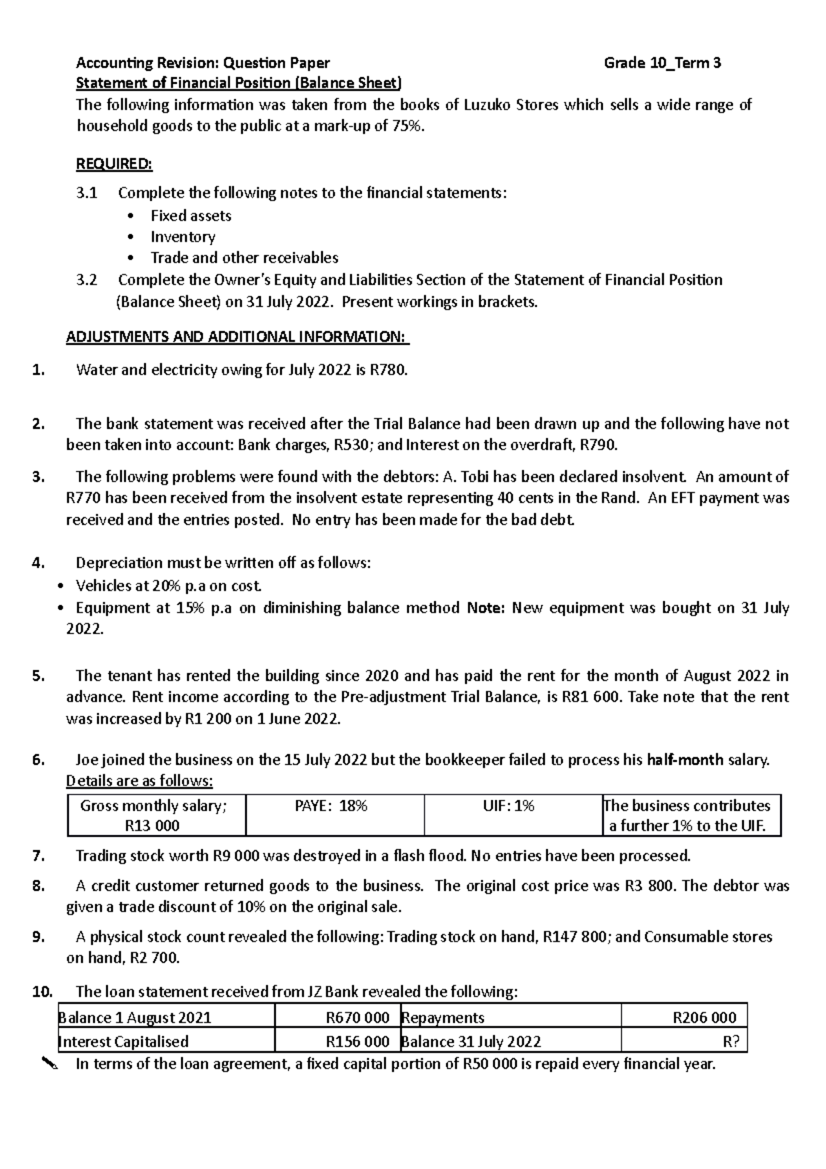 RHS Acc Term3 Rev QP - Accounting Revision: Question Paper Grade 10 ...