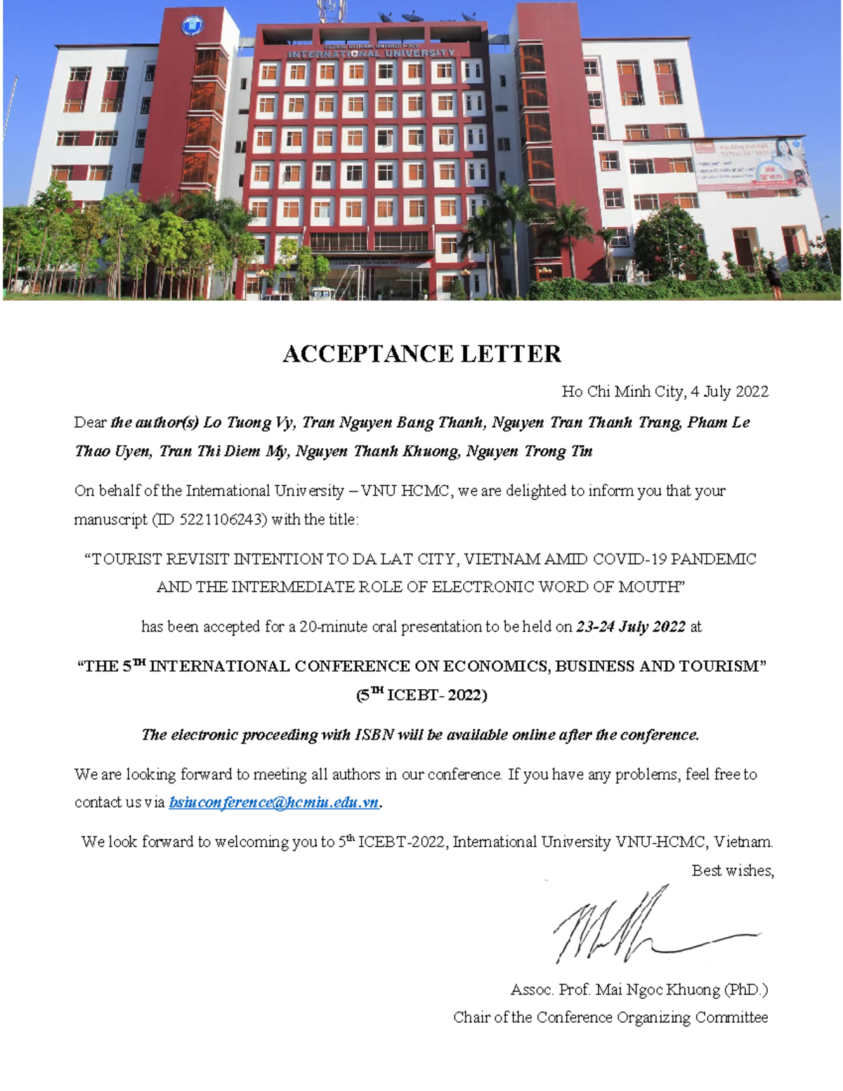 5221106243 - ACCEPTANCE LETTER Ho Chi Minh City, 4 July 2022 Dear the ...