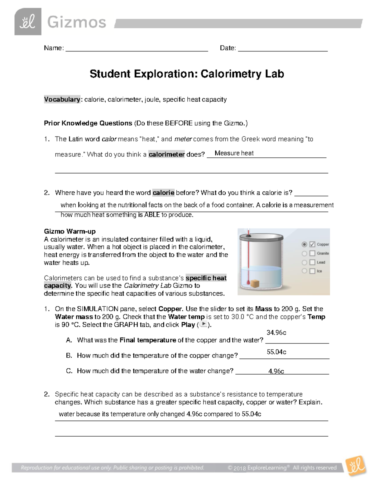 Calorimetry Lab SE - Name: ______________________________________ Date