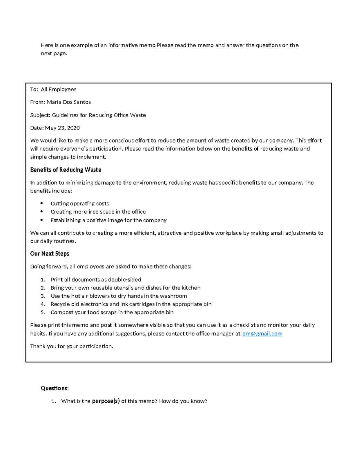 Sample Memo for practice - Here is one example of an informative memo ...