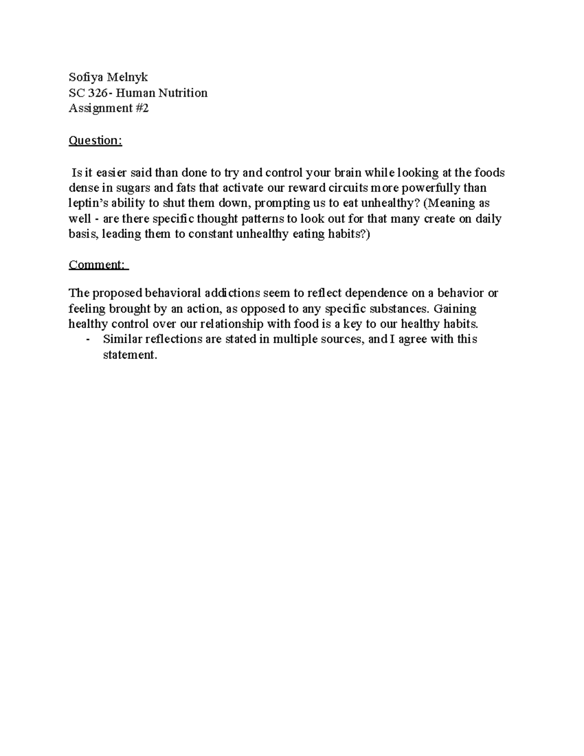 Sofiya Melnyk- Nutrition Assignment - Sofiya Melnyk SC 326- Human ...