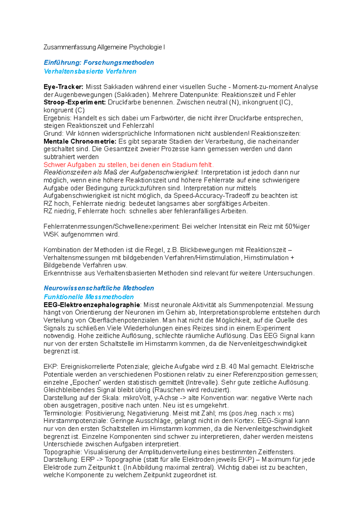 Allgemeine Psychologie 1 (Part 1, ohne Bilder) - Zusammenfassung Allgemeine Psychologie I - Studocu