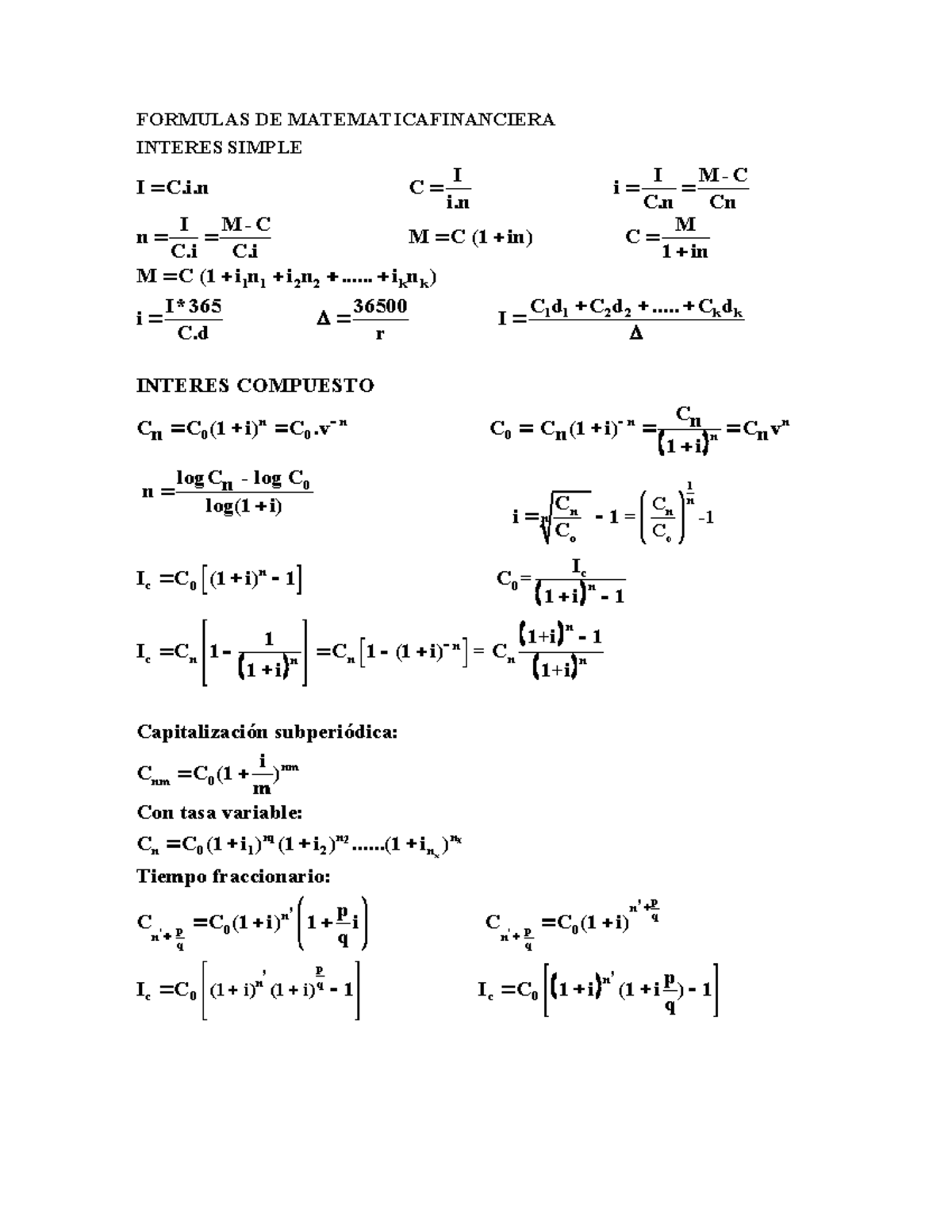 Tabla de Fórmulas - FORMULAS DE MATEMATICAFINANCIERA INTERES SIMPLE I I ...