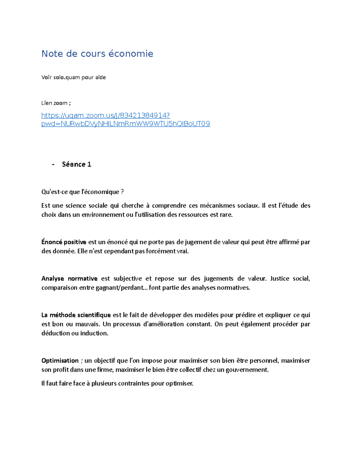 Note de cours économie - zoom/j/83421384914? pwd=NURwbDVyNHlLNmRmWW9WTU5hQlBoUT - Séance 1 Qu ...