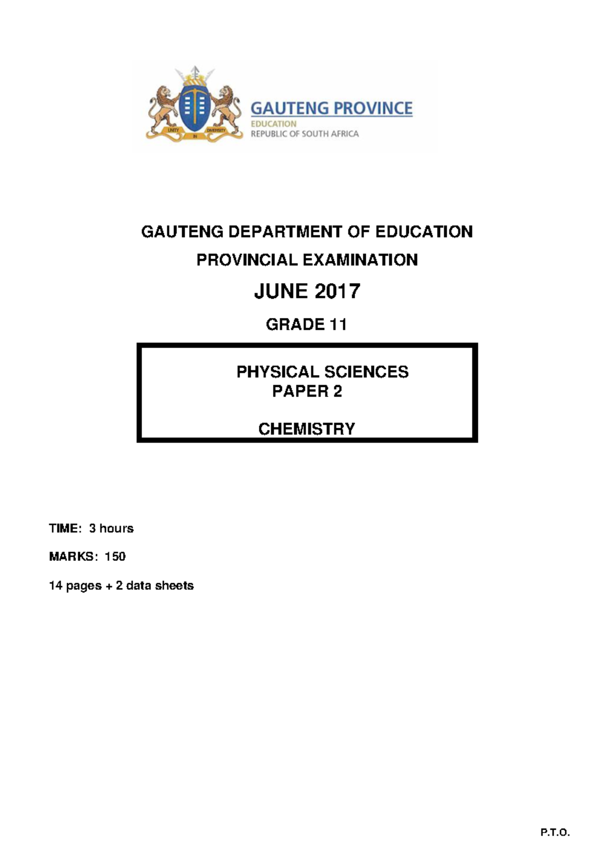 Grade 11 Provincial Examination Physical Sciences P2 June 2017 Question ...