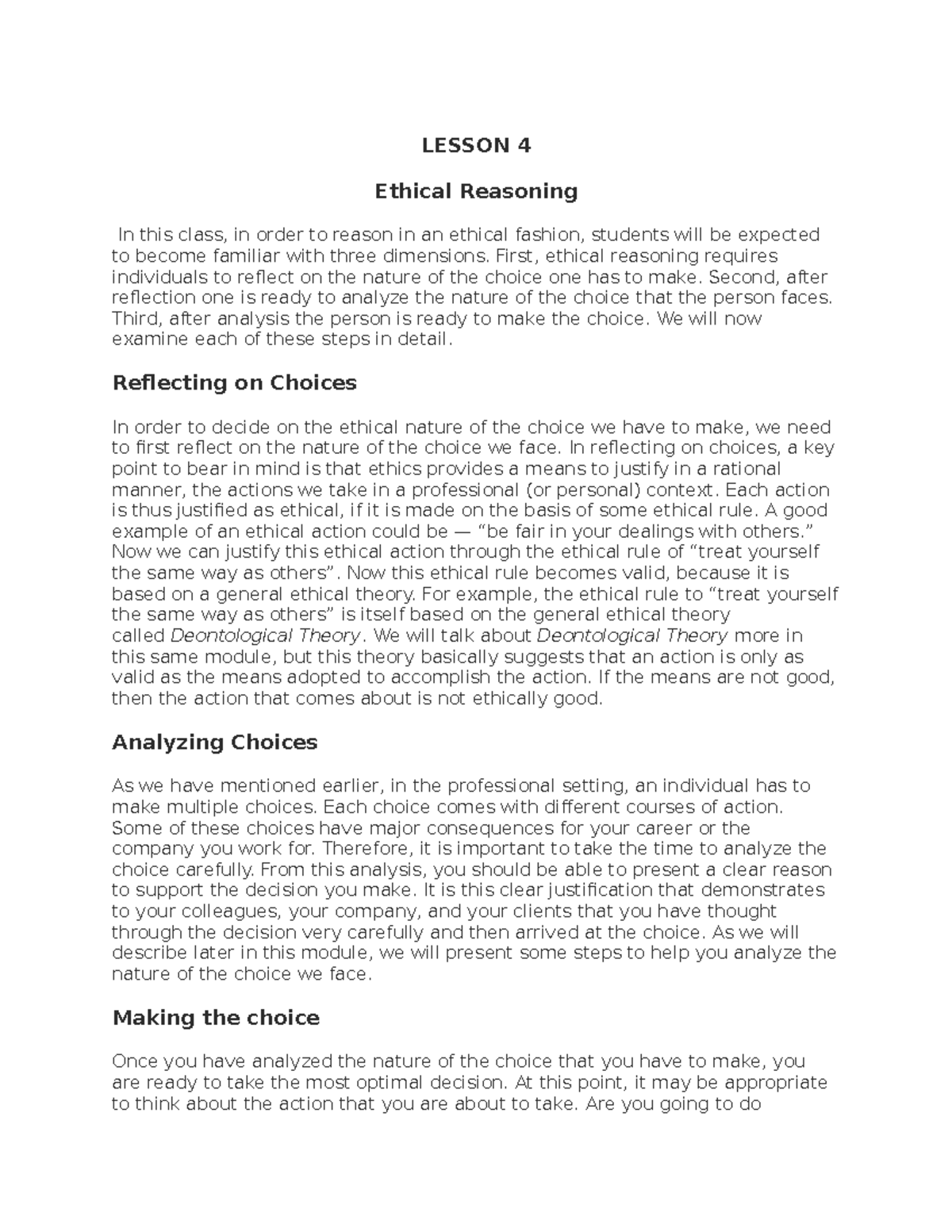 Lesson 4 - Ethical Reasoning - LESSON 4 Ethical Reasoning In this class ...