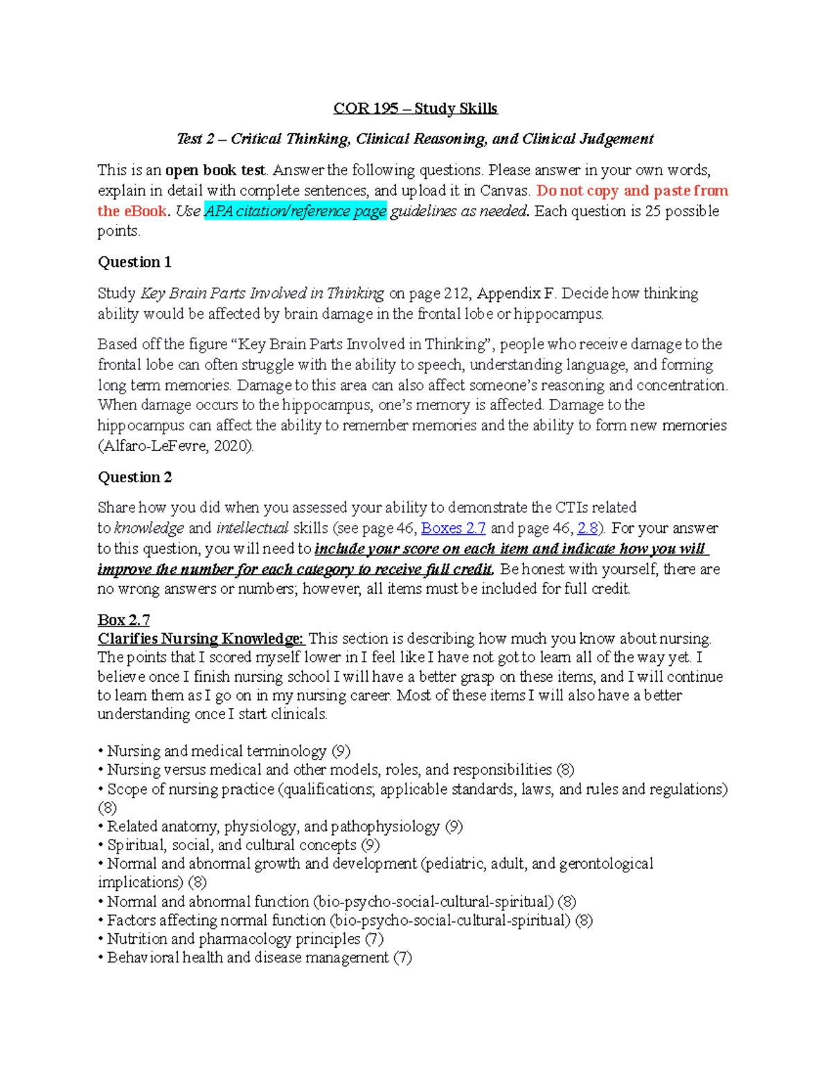 COR195 Test 2 - Test - COR 195 – Study Skills Test 2 – Critical ...