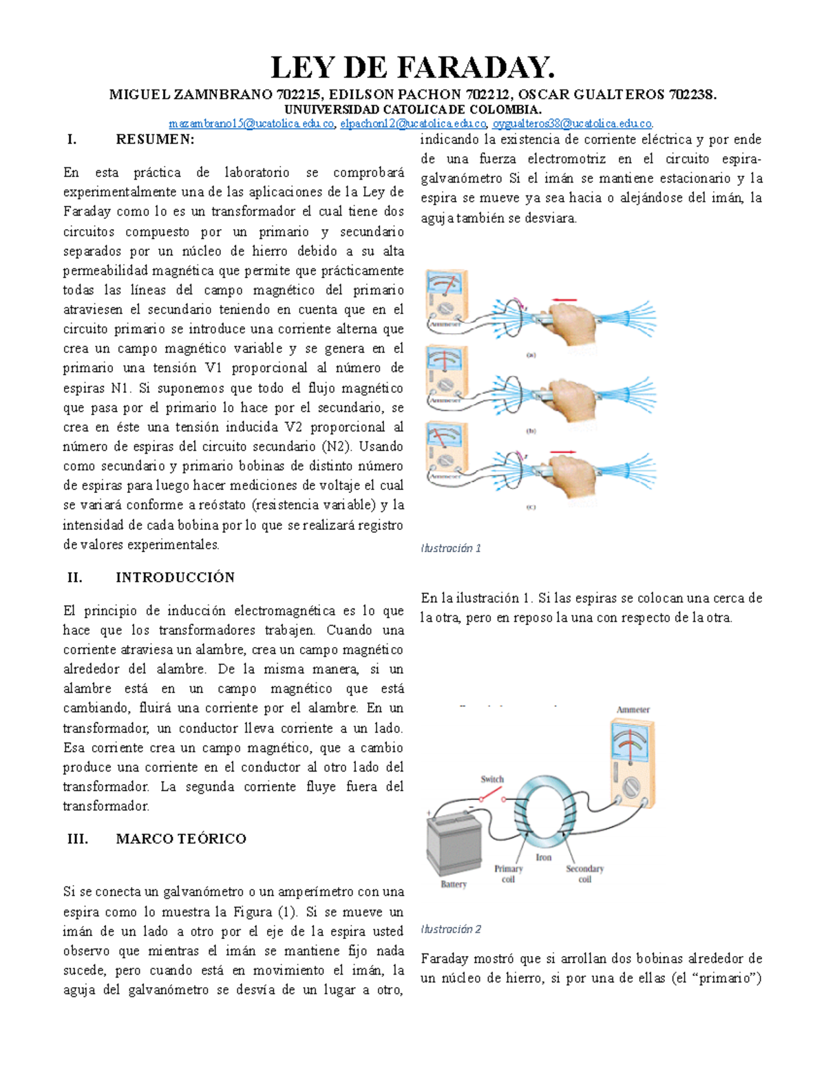 LEY DE Faraday DES - Nota: 8 - MIGUEL ZAMNBRANO 702215, EDILSON PACHON 702212, OSCAR GUALTEROS ...