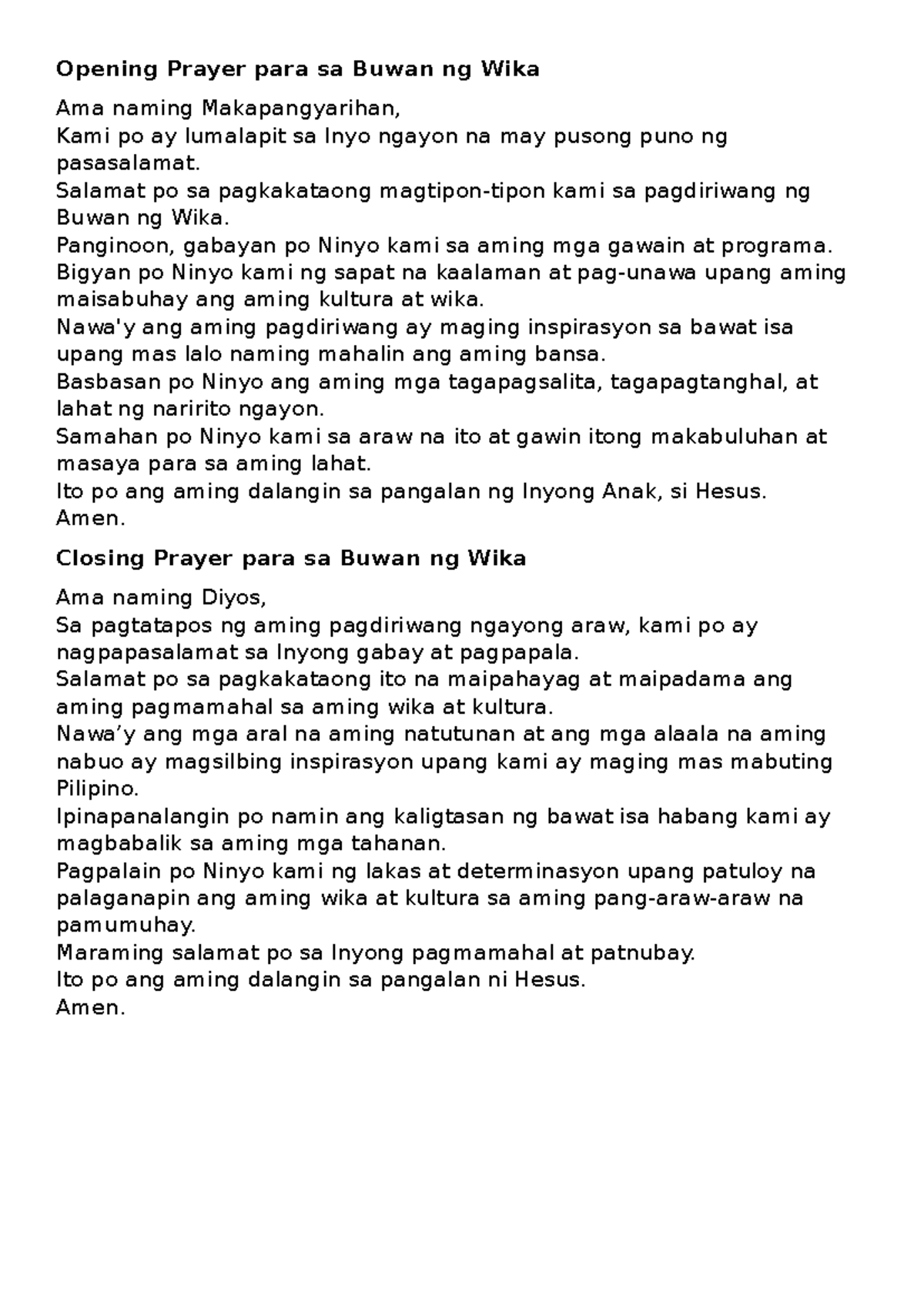 Opening Prayer para sa Buwan ng Wika - Salamat po sa pagkakataong ...