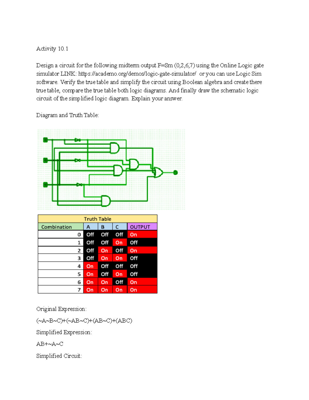EE 1130-80 Truth table - Activity 10. Design a circuit for the following midterm output F=Sm ...