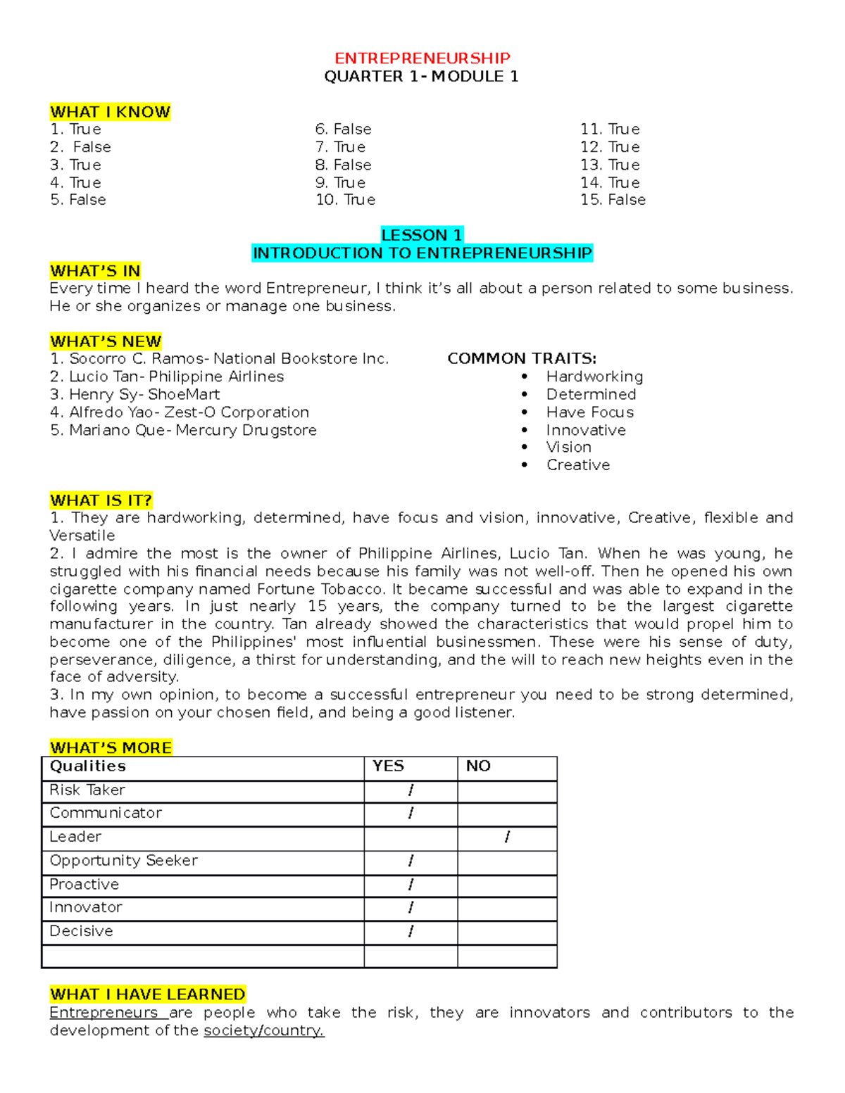 Entrep M 1 L1 - ENTREPRENEURSHIP QUARTER 1- MODULE 1 WHAT I KNOW True ...