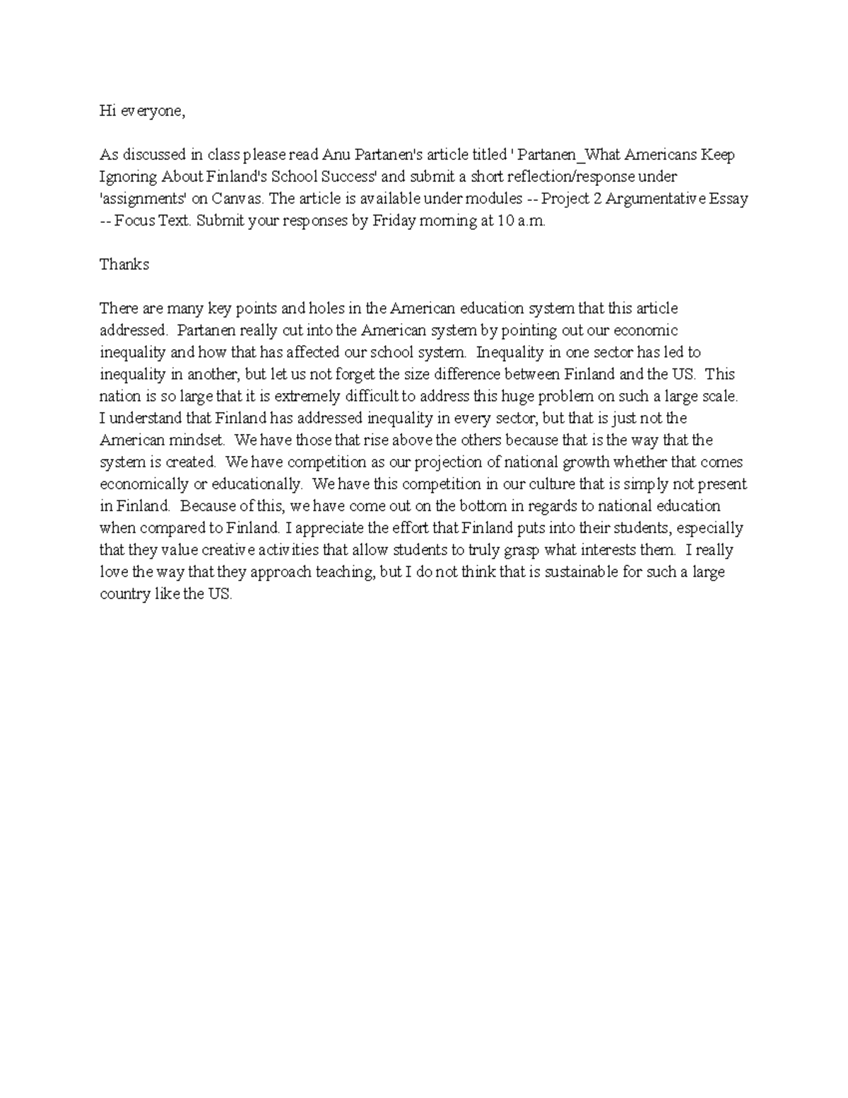 Project 2 assignment Finland summary reflection - Hi everyone, As ...