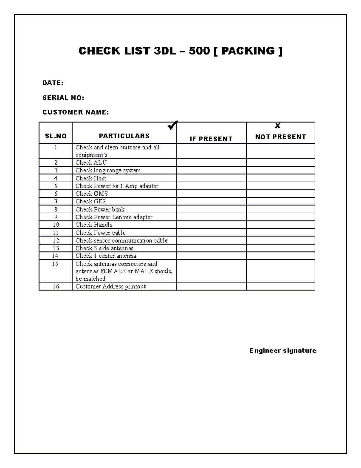 Checklist packing - CHECK LIST 3DL – 500 [ PACKING ] DATE: SERIAL NO ...