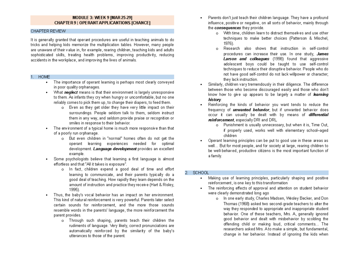 Psych 140 B MOD 3 WEEK 9 - Summary Behavioral Analysis - MODULE 3: WEEK 9 [MAR 25-29] CHAPTER 9 ...