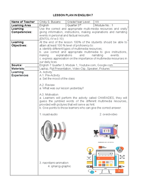 Lesson PLAN IN English 7-Main Idea - LESSON PLAN ENGLISH 7 Name of ...