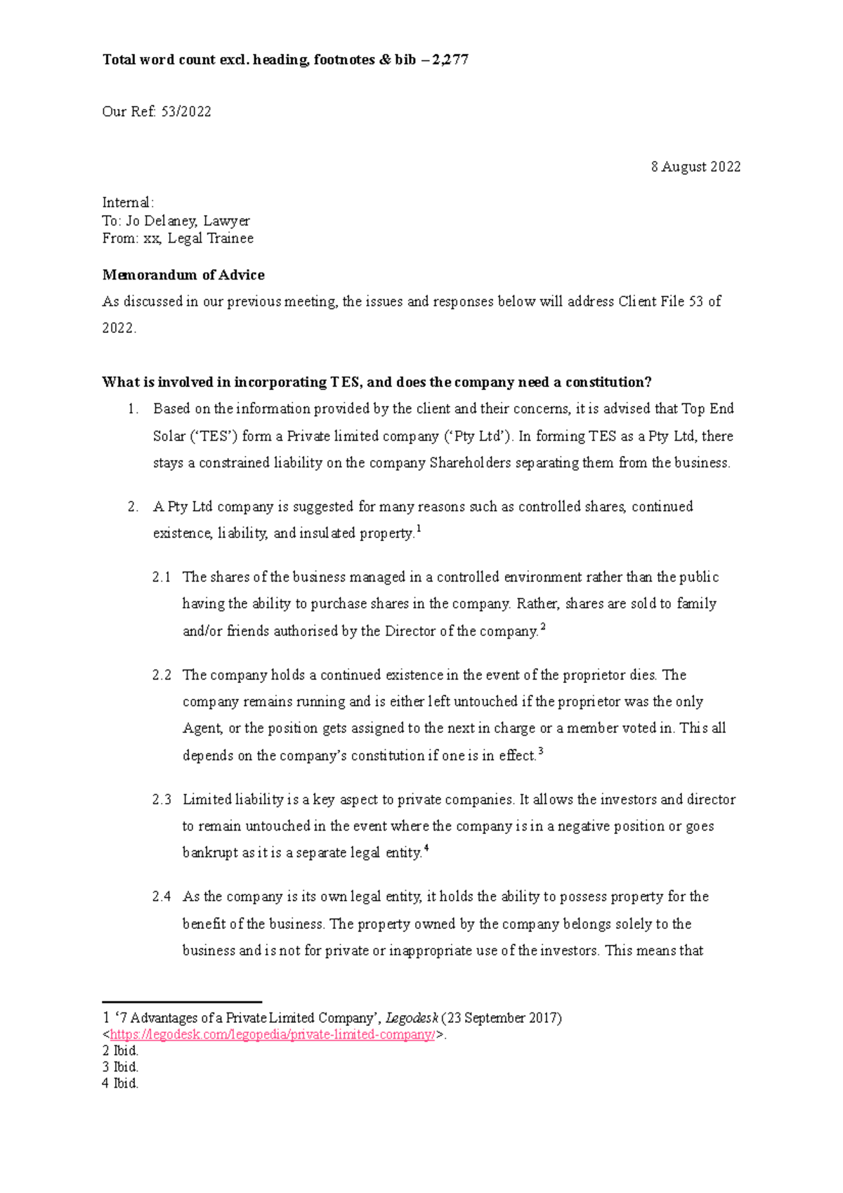 Memorandum of Advice - Our Ref: 53/ 8 August 2022 Internal: To: Jo ...