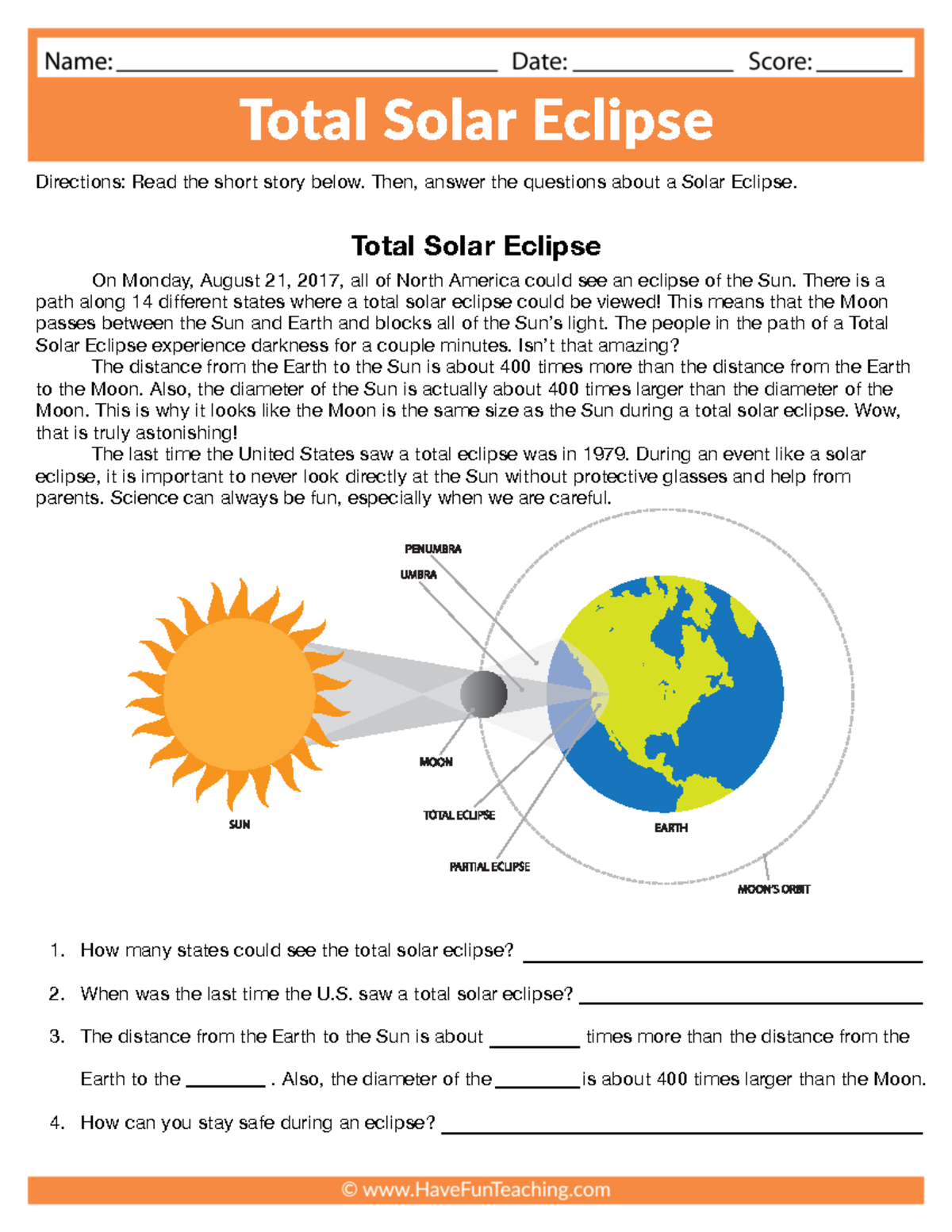 2017 Total Solar Eclipse Worksheet Solar Eclipse Reading Comprehension ...