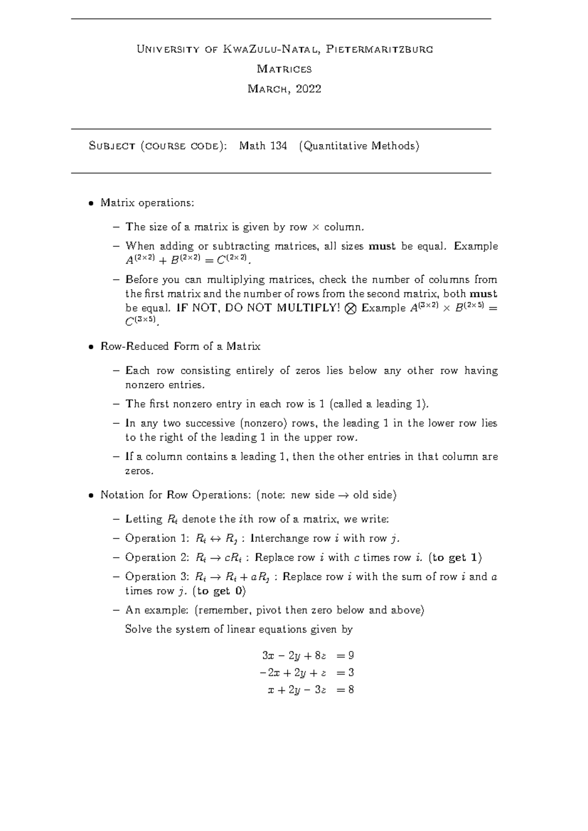 Matrices revision - University of KwaZulu-Natal, Pietermaritzburg ...