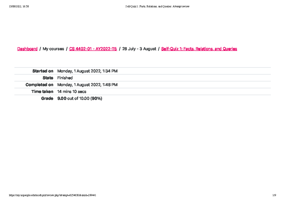 Unit 7 Quiz CS 4402 - Unit 7 Self Quiz CS 4402 - 13/08/2022, 16:58 Self ...
