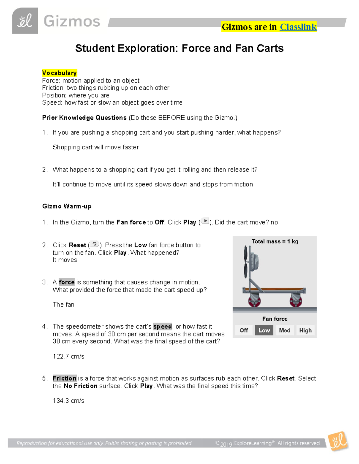 Gizmo Force Fan Cart SE - answer key - Gizmos are in Classlink Student Exploration: Force and ...