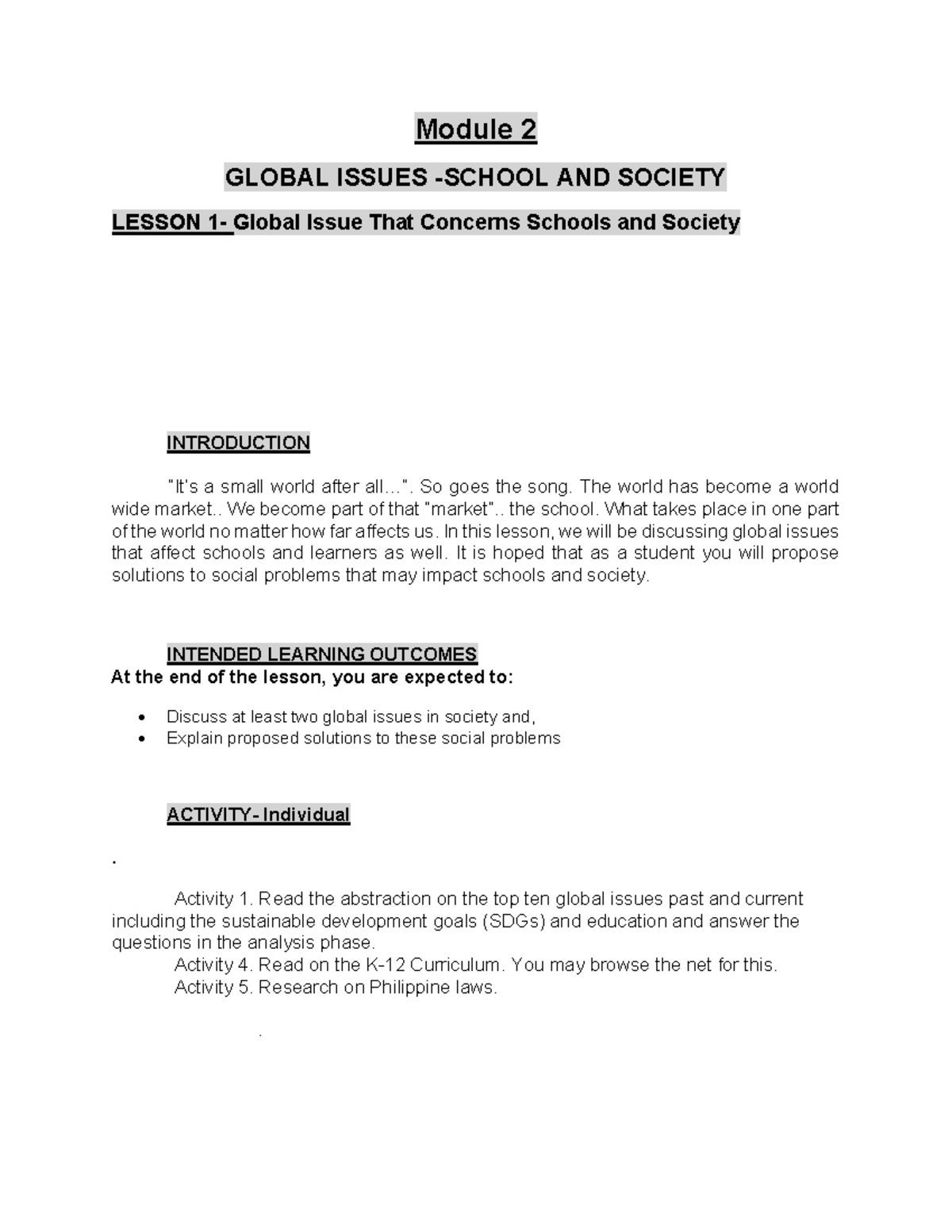 Lesson-1-M2 - Module - Module 2 GLOBAL ISSUES -SCHOOL AND SOCIETY ...