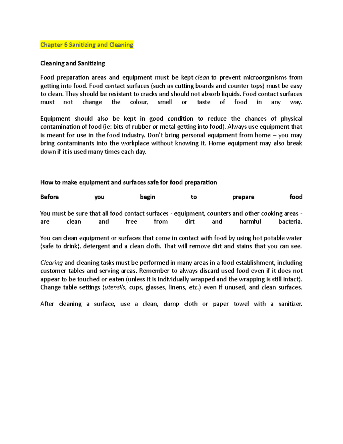 Food handling ch6 - Lecture notes 5 - Chapter 6 Sanitizing and Cleaning ...