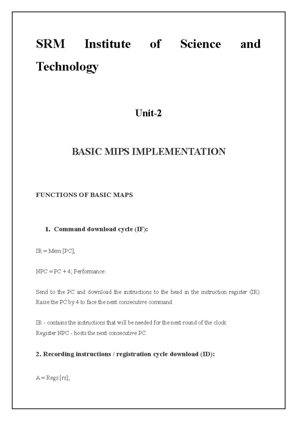 Basic MIPS Implementation - SRM Institute of Science and Technology Unit- BASIC MIPS ...