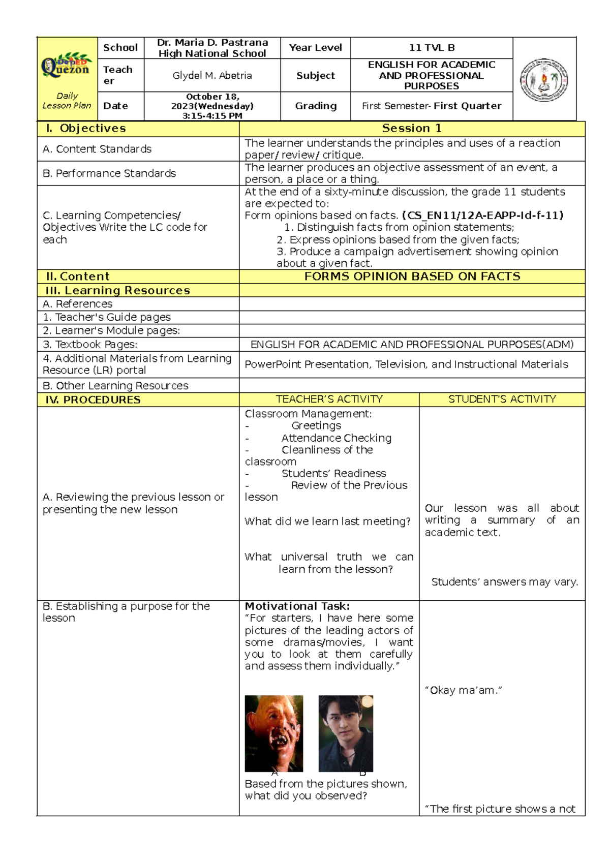 COT First Quarter - This is just a contextualized lesson plan for CO ...