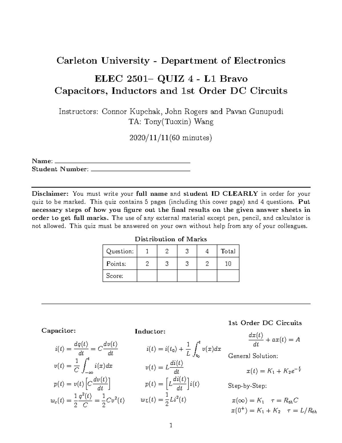 Quiz 4 Autumn 2020, questions - Carleton University - Department of Electronics ELEC 2501– QUIZ ...