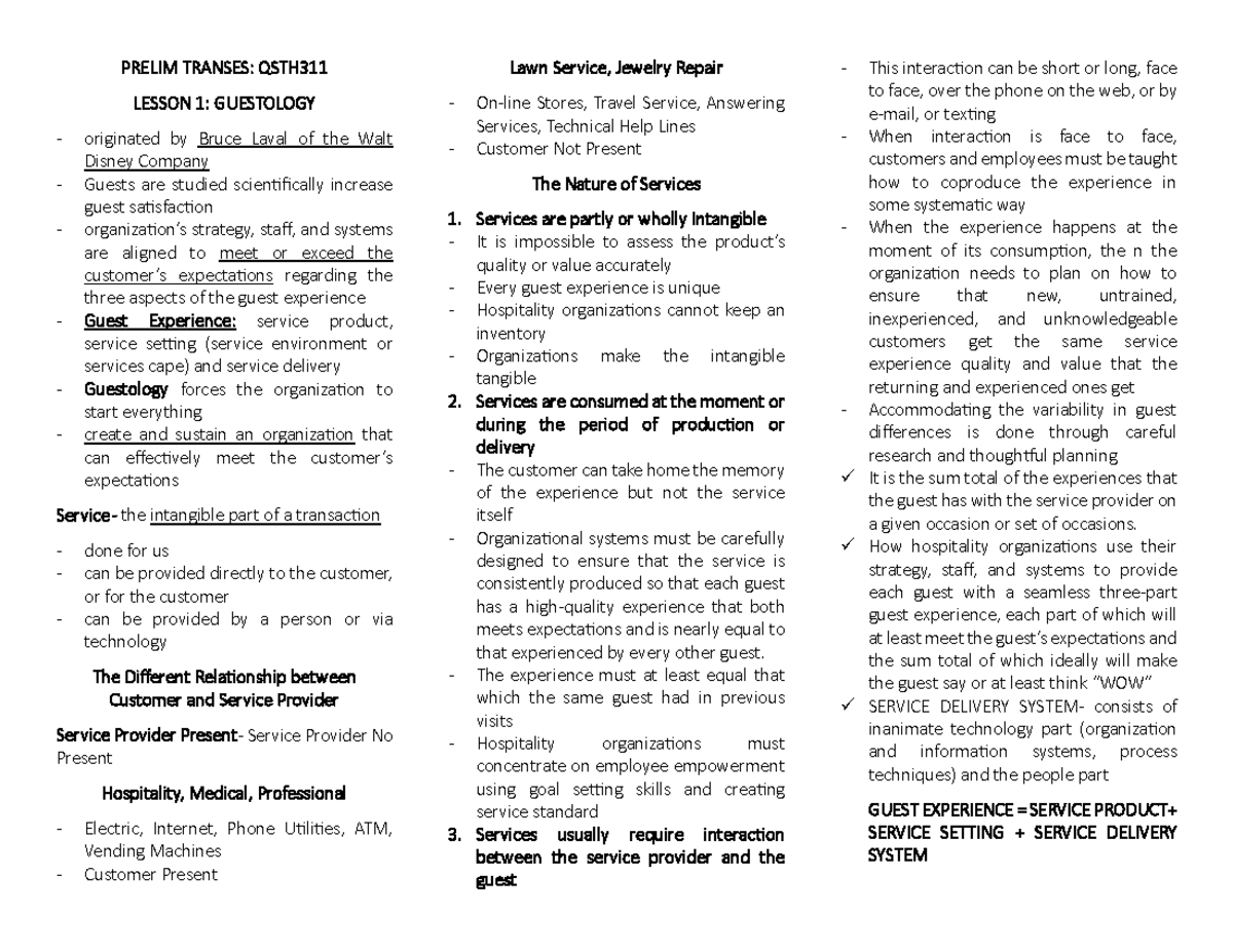 Prelim Transes QSTH 311 - PRELIM TRANSES: QSTH LESSON 1: GUESTOLOGY ...