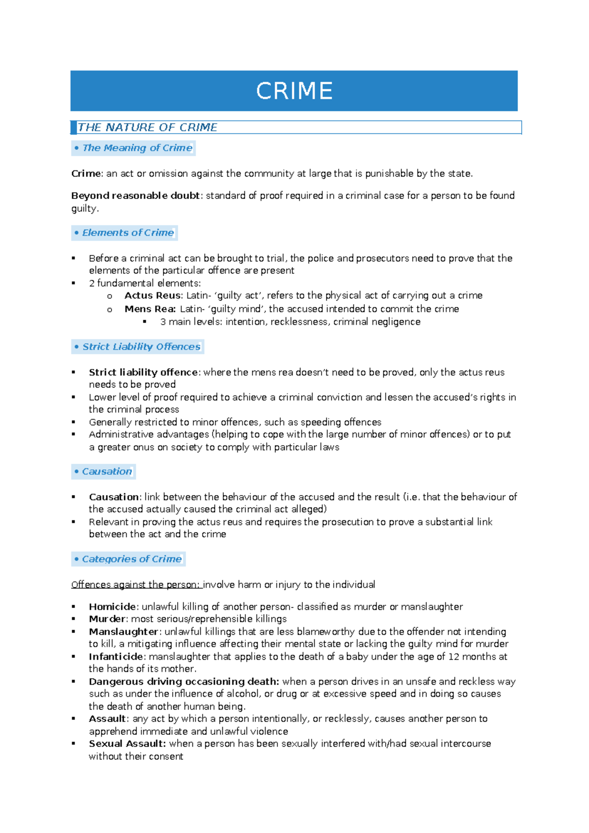 Crime Summary - CRIME THE NATURE OF CRIME The Meaning of Crime Crime ...