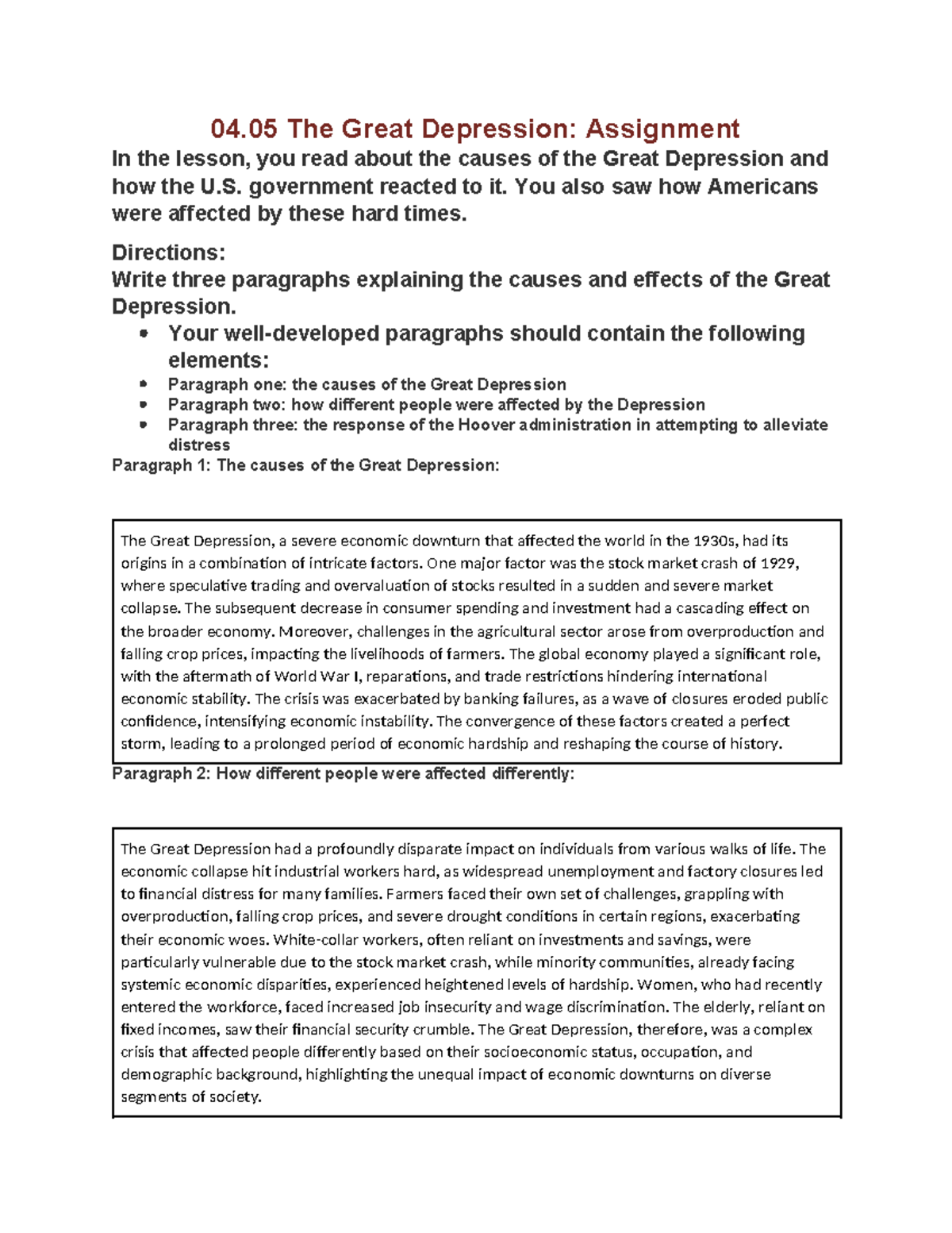 4.05 The Great Depression - 04 The Great Depression: Assignment In the ...