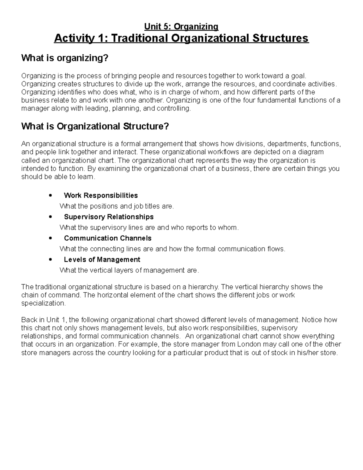 Traditional organizational structures - Unit 5: Organizing Activity 1 ...