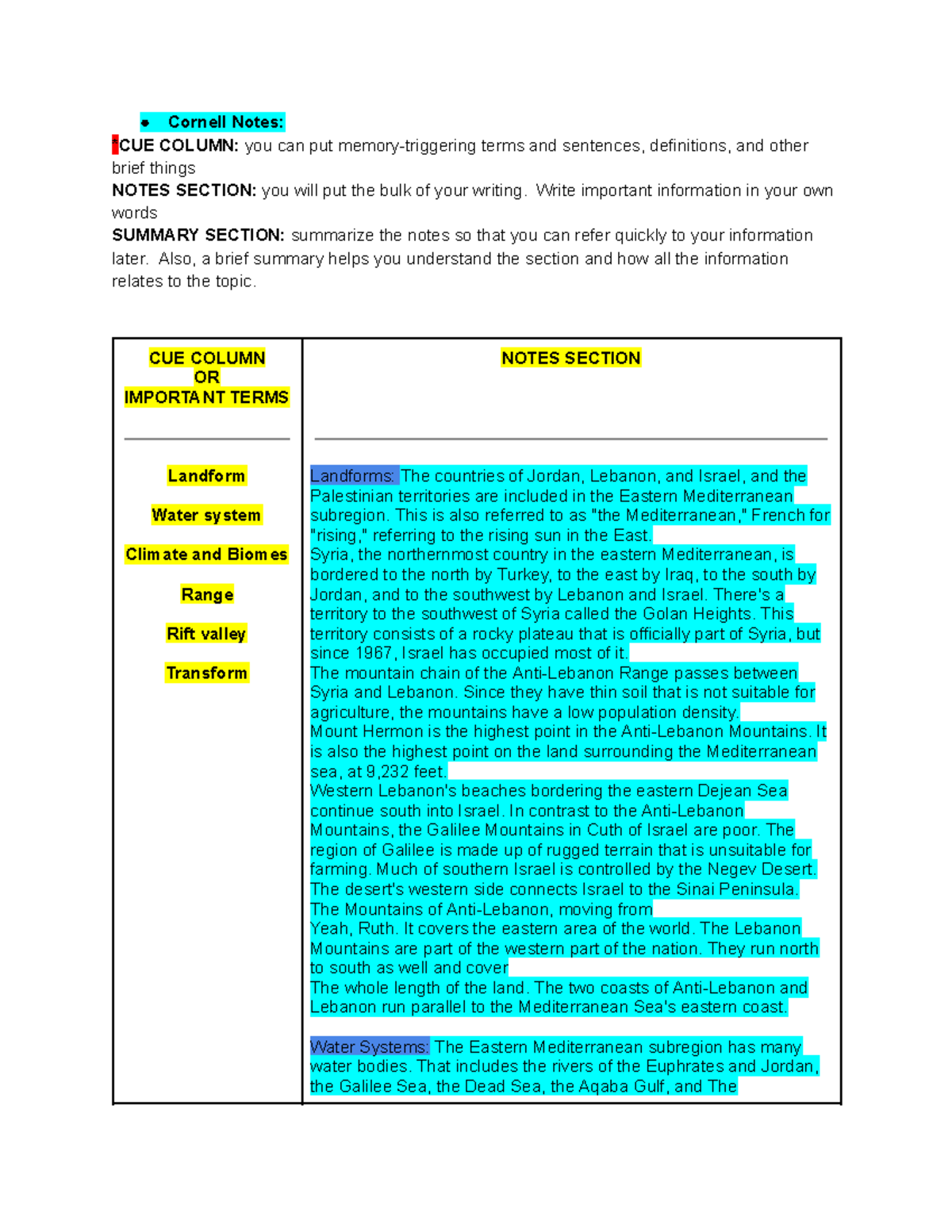 - Eastern Mediterranean Cornell Notes - Cornell Notes: *CUE COLUMN: you ...