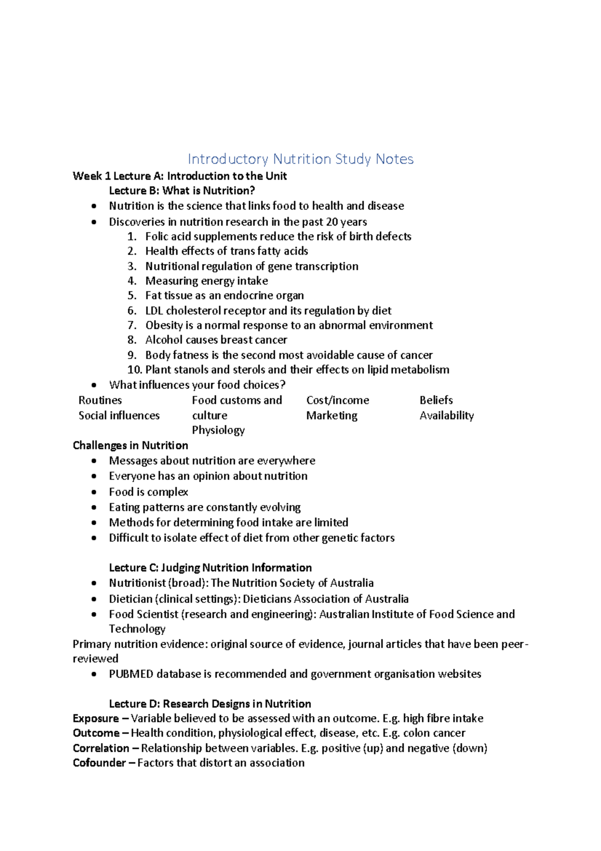 Introductory nutrition unit notes - Introductory Nutrition Study Notes ...