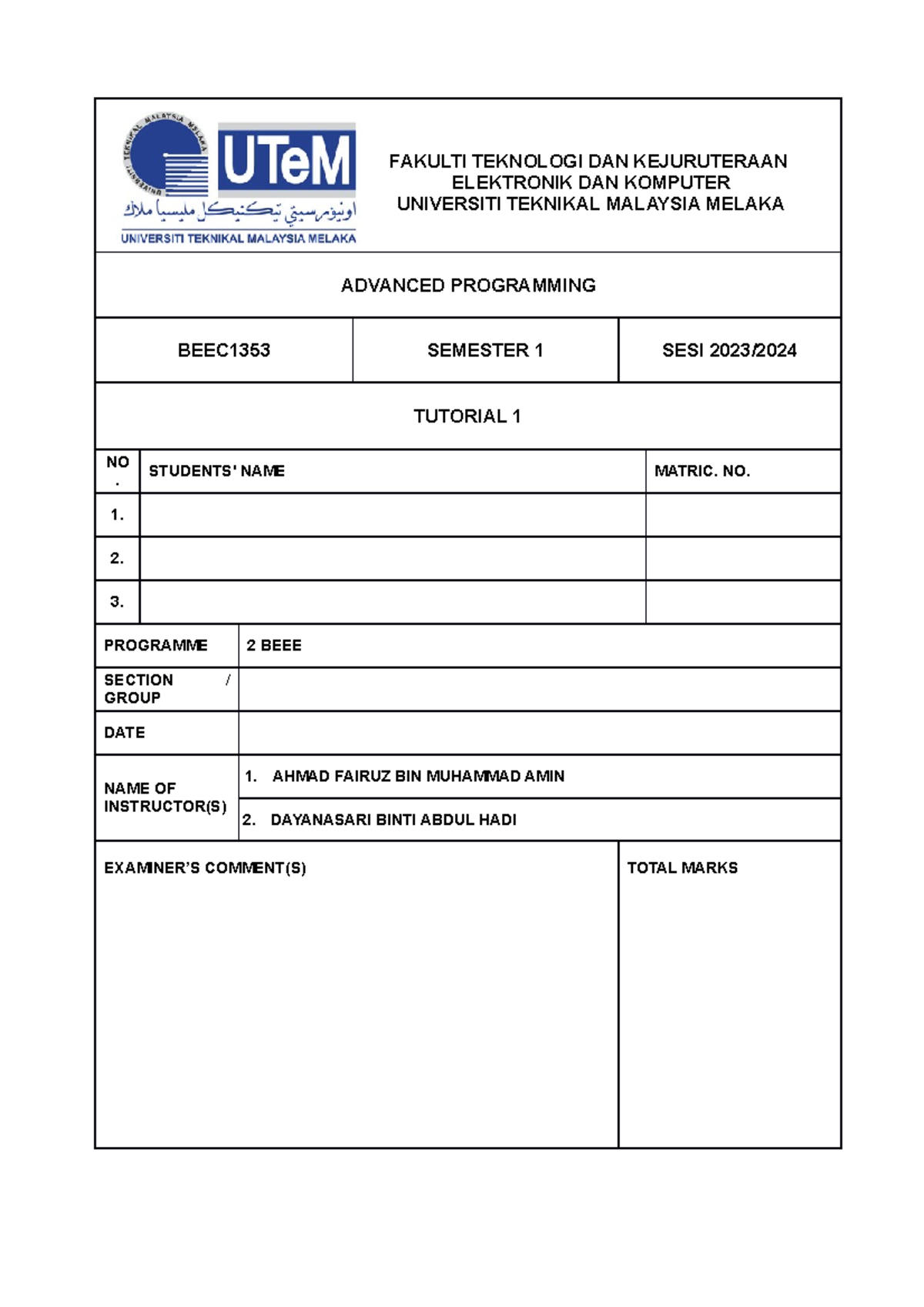 Pre lab Java BEEC1353 - Abcde - ADVANCED PROGRAMMING BEEC1353 SEMESTER 1 SESI 2023/ TUTORIAL 1 ...