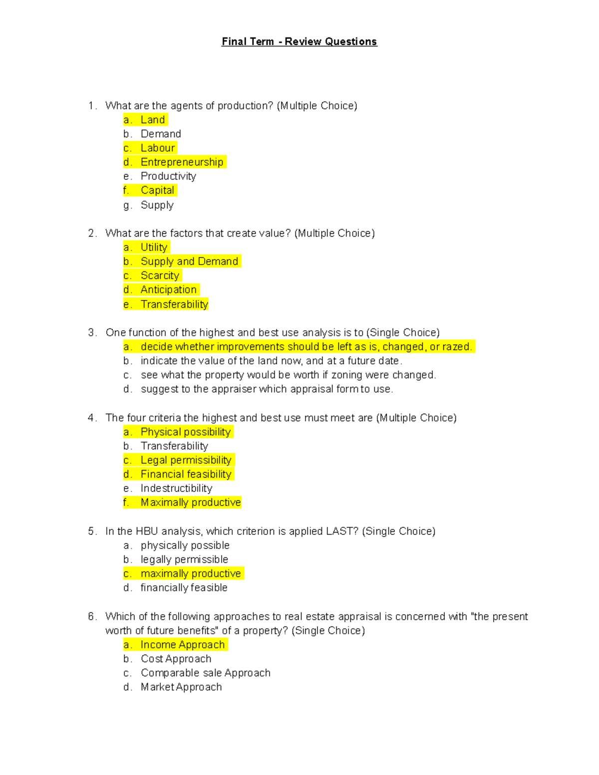 Final Term Review Questions Final Term Review Questions What Are The Agents Of Production