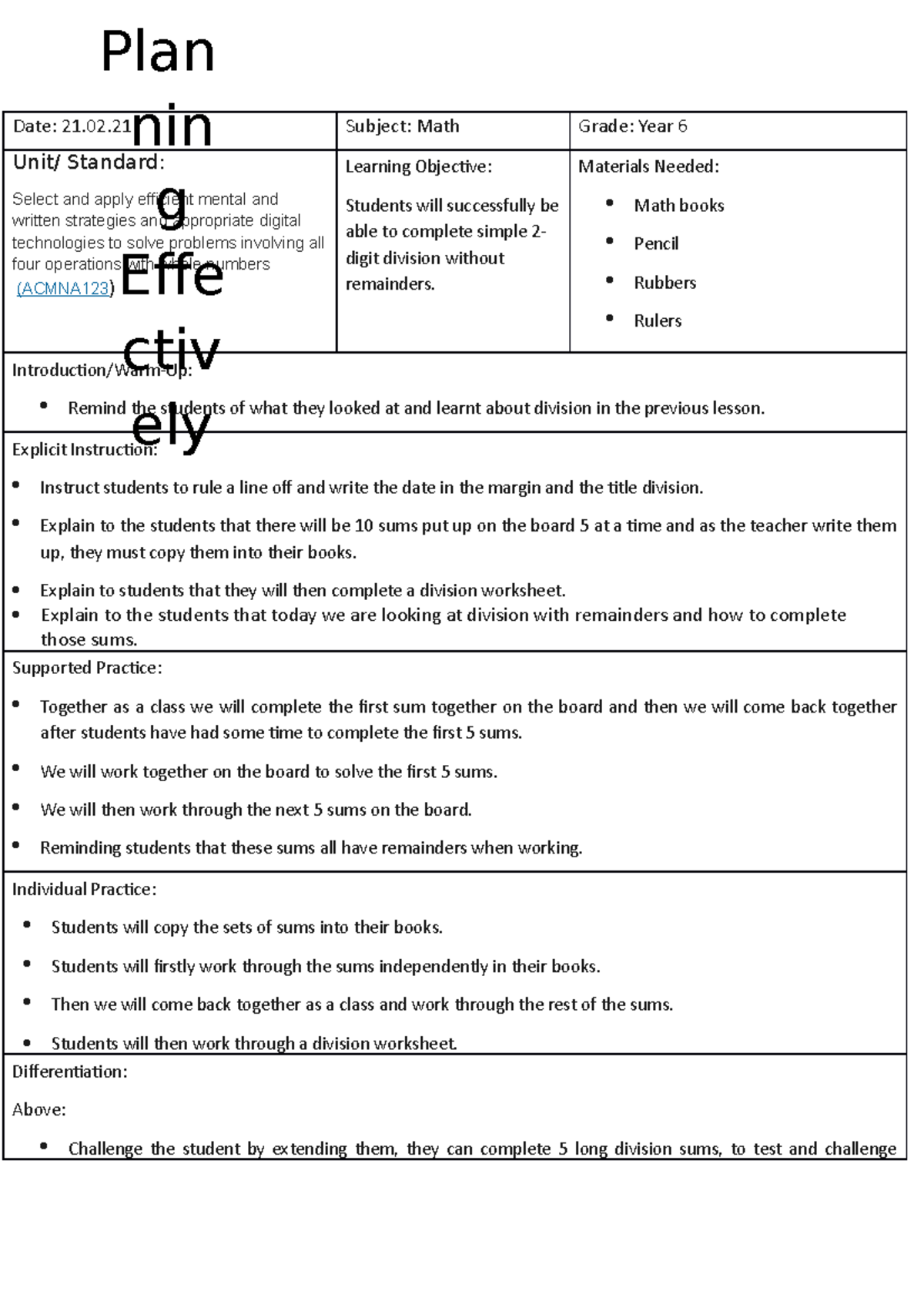 Maths 22 - Lesson Plans - Date: 21.02 Subject: Math Grade: Year 6 Unit ...