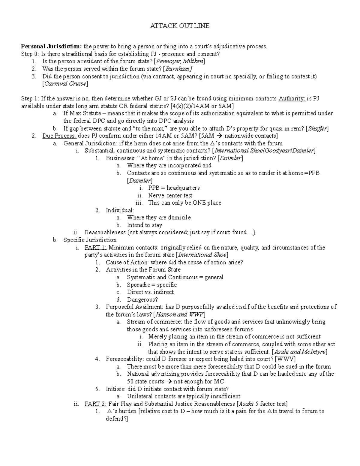 Civ Pro Attack Outline - Personal Jurisdiction: the power to bring a ...